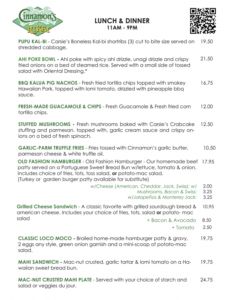 Menu 2022 – Cinnamons at the 'Ilikai